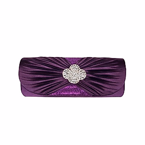 Elegant Cross Pleated Satin Flap Crystal Clutch Evening Bag, Purple