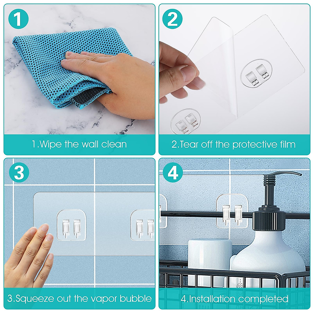 COMNICO 4 Pack Shower Caddy Adhesive Hooks Replacement, Strong Self-Adhesive Sticker No Drilling Waterproof Hanging Hooks for Bathroom Storage Shelves Kitchen Racks (Double Hook,Transparent)