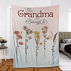 This Grandma Belongs to Personalized Blanket, Custom Birth Month Flower with Kids Ideas for Mom Grandma Mimi Nana, Made from Fleece Sherpa, 30x40 50x60 60x80 Inches