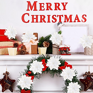 Sggvecsy 24 Pcs Christmas Glitter Poinsettia Flowers Christmas Tree Ornaments Artificial Christmas Flowers Decorations with Clips for Xmas Holiday Wedding Wreath Party Floral Decorations (White)