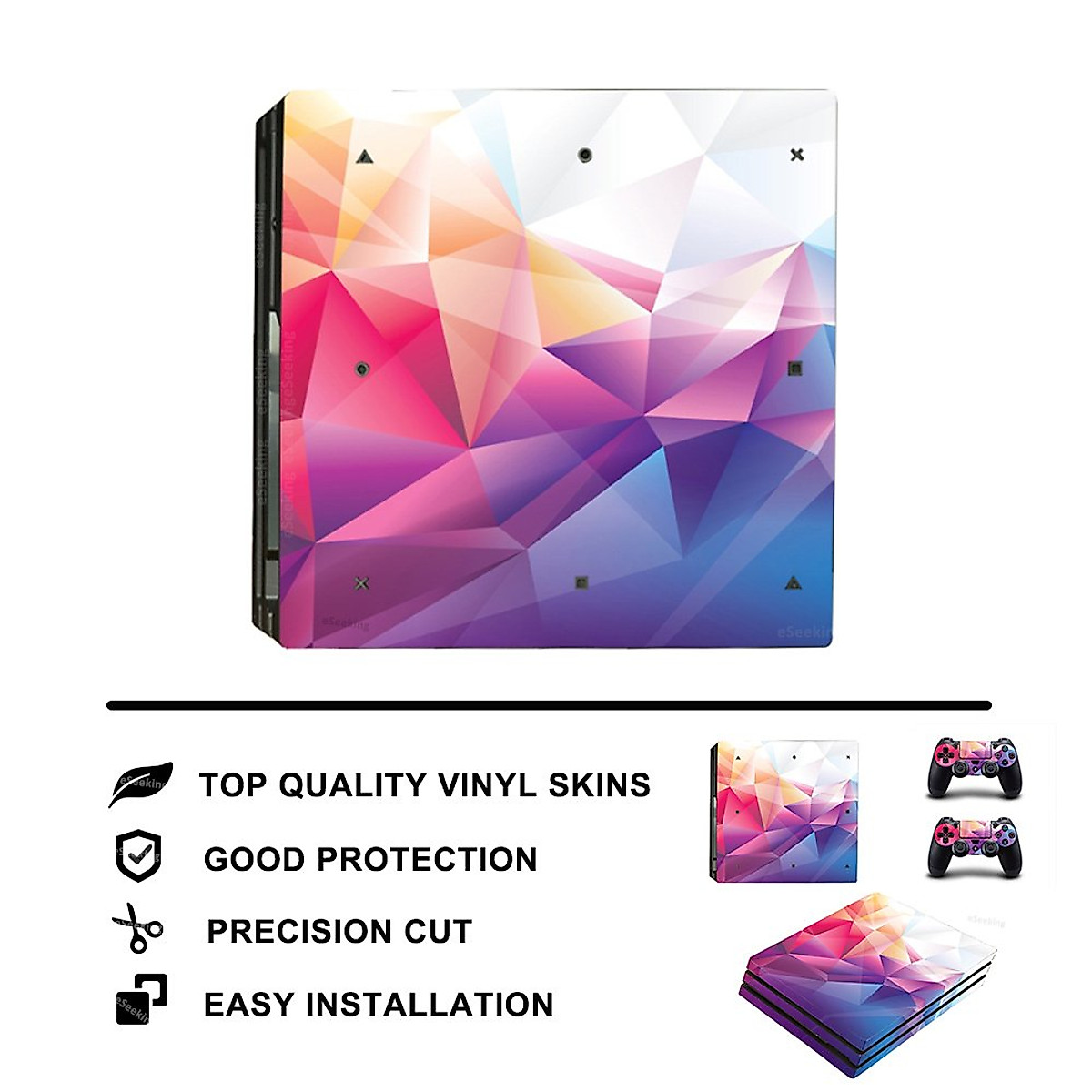 eSeeking Full Body Protective Vinyl Skin Decal For PS4 Pro Console and 2PCS PS4 Pro Controller skins Stickers Colored Triangles
