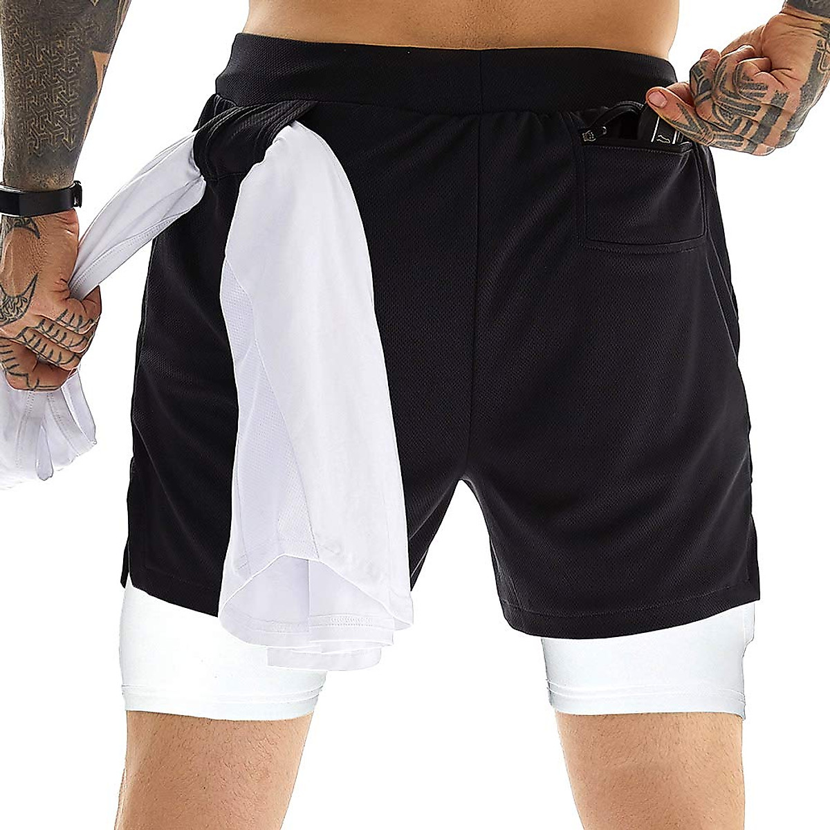 OEBLD Mens Athletic Shorts 2-in-1 Gym Workout Running 7'' Shorts with Towel Loop Black