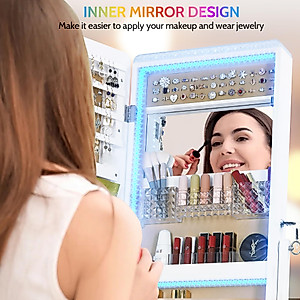 LVSOMT RGB LED Jewelry Mirror Cabinet, Standing Jewelry Armoire Organizer, Stand Up Full-Length Mirror with Jewelry Storage, LED Lighted Floor Mirror, 14 Lights + Dimmable + Adjustable Speed, White