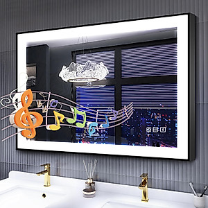 SBAGNO 32X24 LED Bathroom Mirror with Lights, Black Frame 3 Color Modes Wall-Mounted Vanity Mirror, Dimmable Smart Makeup Mirror, Anti-Fog, Waterproof, Build in Bluetooth Speaker