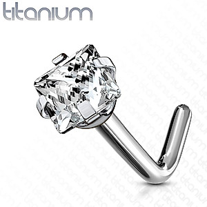 FIFTH CUE Prong Set Square Diamond CZ Solid Grade 23 Titanium L Bend Stud Nose Ring (18G | 1/4" (6mm) | 3x3mm CZ)