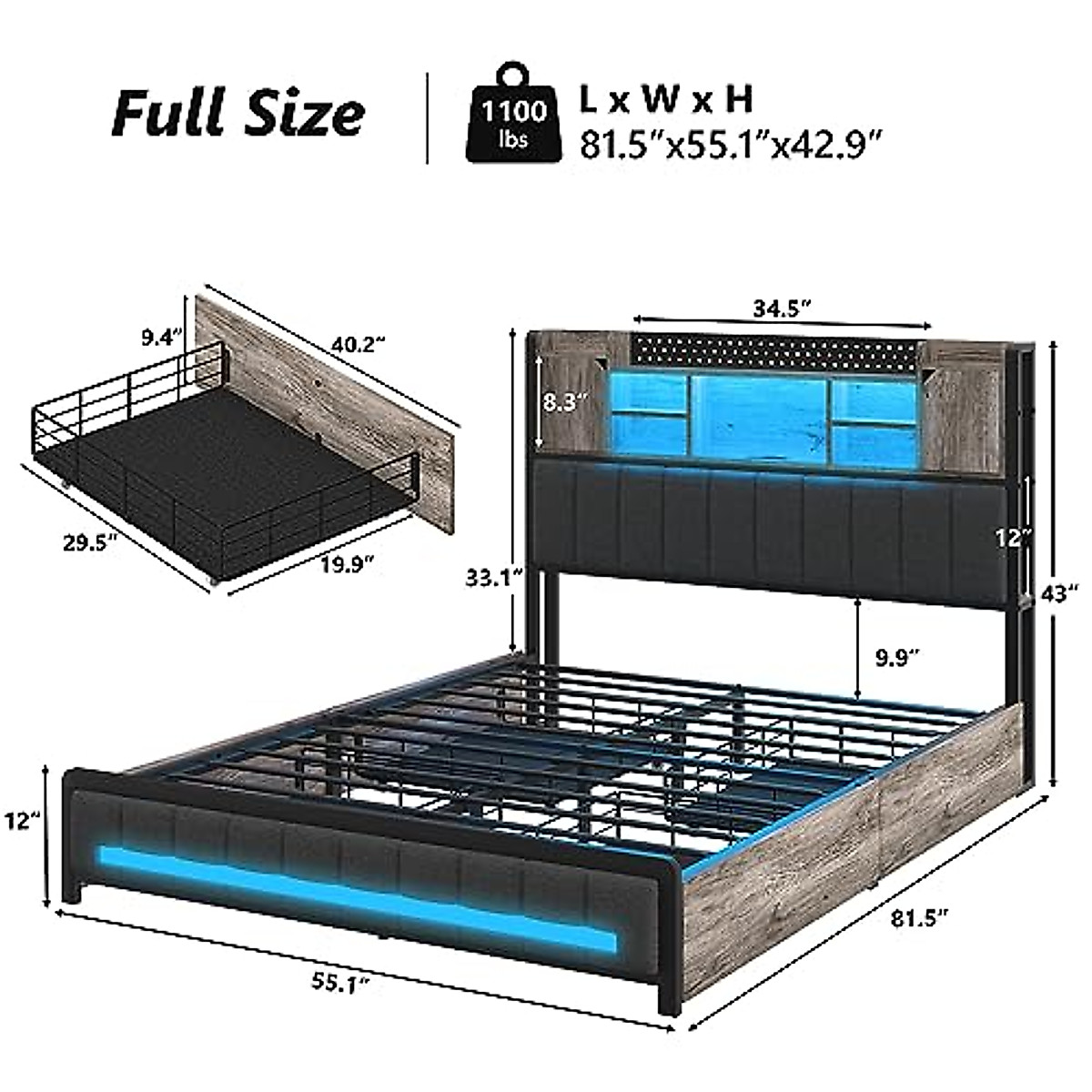 Full Size Bed Frame with Bookcase Headboard & Storage Drawers, Bed Frame Full Size with LED Lights & Charging Station, Heavy Duty Metal Bed Frame for Kids Adults, No Box Spring Needed, Charcoal Gray