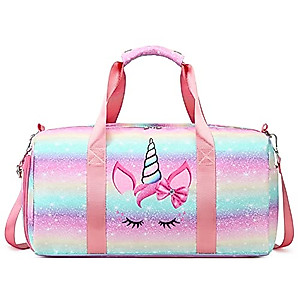 Dance Bag Girls Gymnastics Bag Kids Overnight Duffle Bag Unicorn Gym Sports Ballet Bag with Shoe Compartments, Kids Travel Weekender Sleepover Carry On Bag