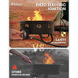 BLUU Deluxe Portable Propane Gas Fire Pit with Auto Ignition for Outdoor Camping- with Grill, Foldable Stand, Trachea Hook, Propane Tank Holder and Cover, 17-Inch Diameter 58,000 BTU, Matte Black
