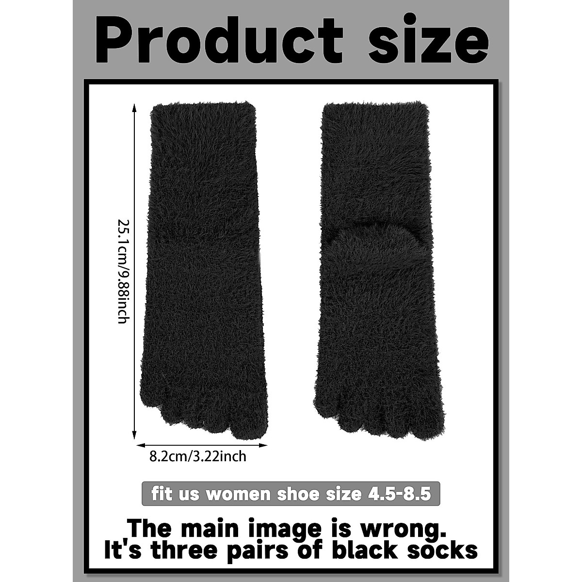 Bencailor 3 Pairs Women Toe Socks Fuzzy Toe Socks Warm Winter Toe Socks Five Toe Socks for Women Men, Size 5-8(Black)