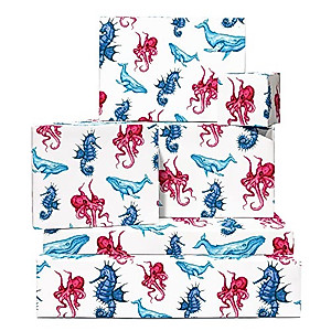 Animal Wrapping Paper for Kids - 6 Sheets of Gift Wrap with Tags - Whale Seahorse Octopus - White Wrapping Paper for Girls and Boys - Sea Creatures - Comes with Stickers - Recyclable - Central 23