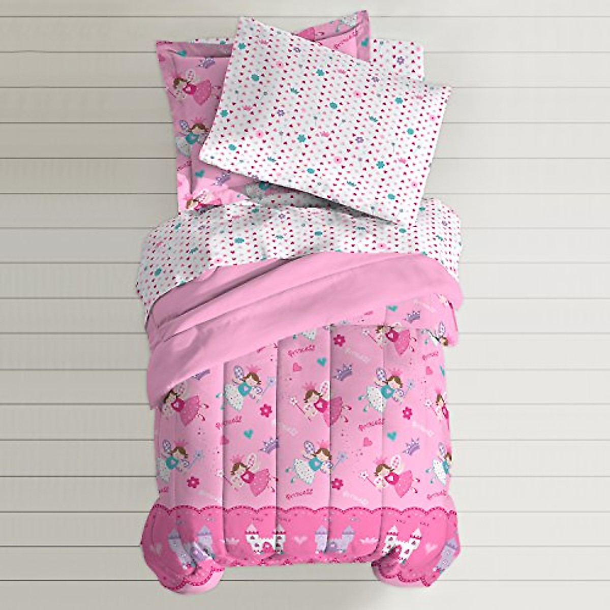 dream FACTORY Magical Princess 4 Piece Bedding Set, Toddler, Pink,2A74630JMU
