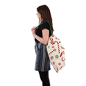 Pudgy Pedro's Party Supplies - Christmas Canvas Gift Bags - X-Large 26" x 19" Cream Peppermint Candy Cane - Jumbo Fabric Present Stocking - 1 ct