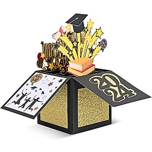 POPGIFTU 2024 Graduation Pop Up Card, Black Gold Pop Up Congrats Grad 2024 Greeting Card with Envelope, Congratulations Graduation Gifts for 2024 High School College University Graduates