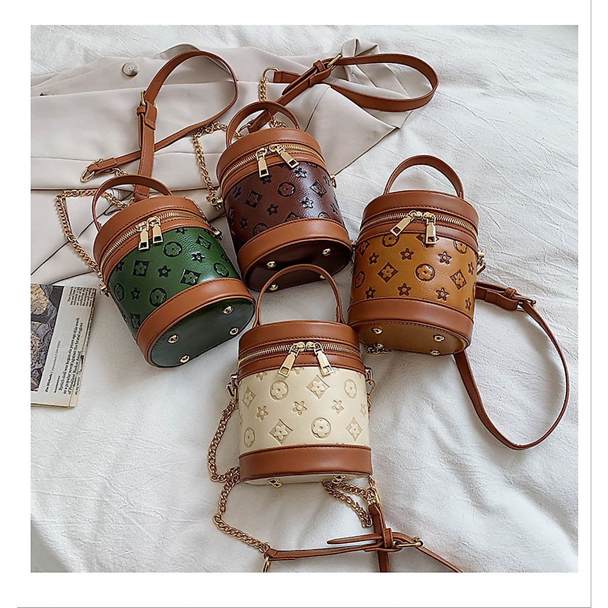 Women Fashion Print Chain Shoulder Bag Cylindrical Bucket Bag Coin Purse