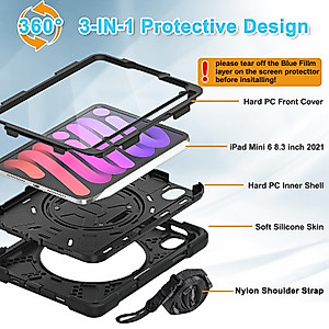 BRAECNstock for Apple iPad Mini 7 A17 Pro Case iPad Mini 7th/6th Generation Case 2024/2021 8.3" with Screen Protector Pen Holder Rotating Hand Strap Stand Shockproof iPad Mini 7/6 Case Kids - Black