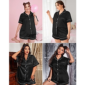 SWOMOG Women's Plus Size Pajama Set Silk Satin Pajamas Button Down Loungewear Short Sleeve Pjs 2 piece Sleepwear 16-28W Black