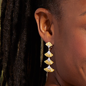 Ross-Simons 0.27 ct. t.w. Diamond Multi-Ginkgo Leaf Drop Earrings in 18kt Gold Over Sterling