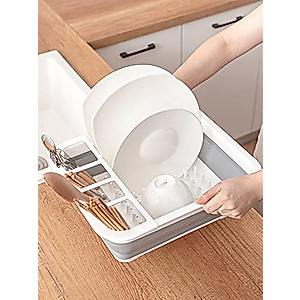 J&V TEXTILES Collapsible Dish Drying Rack - Popup for Easy Storage, Drain Water Directly into The Sink, Room for Eight Large Plates, Sectional Cutlery and Utensil Compartment, Compact (Red)
