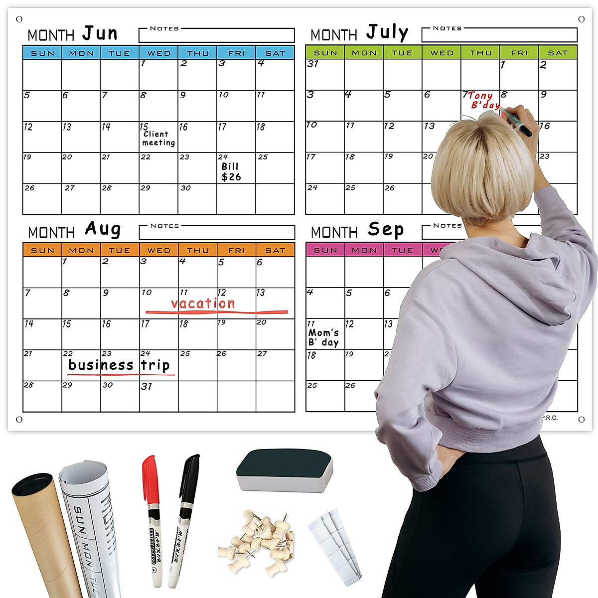 Dry Erase Calendar For Wall 4 Month,Large Blank Laminated Whiteboard Calendar,Oversized 120 Day Wall Planner,Four Month Jumbo Undated Erasable Schedule Poster For Home,Office,Classroom 24x36 Inch