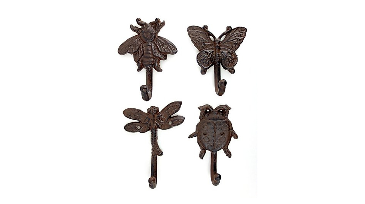 Bugs Cast Iron Coat Hooks - Rustic Set of 4 for Home