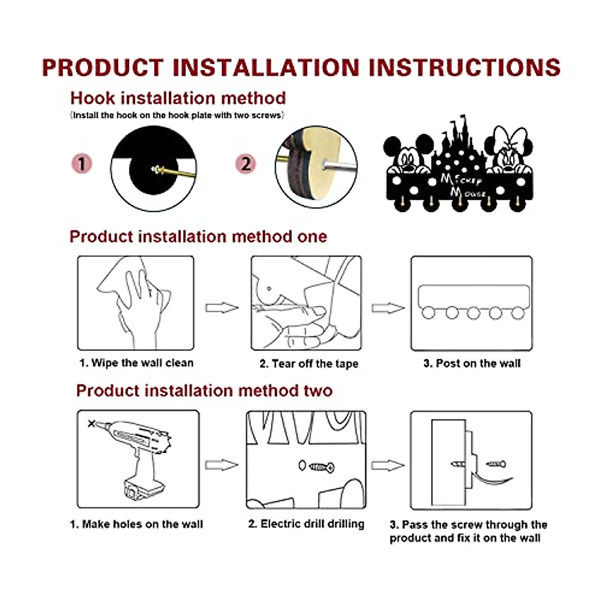 Mickey Mouse Disney Key Hooks,Door Hooks Self-Adhesive Key Holder for Wall Entryway, Kitchen,5 Hook Black Heavty Duty 6lb (Mickey Mouse)