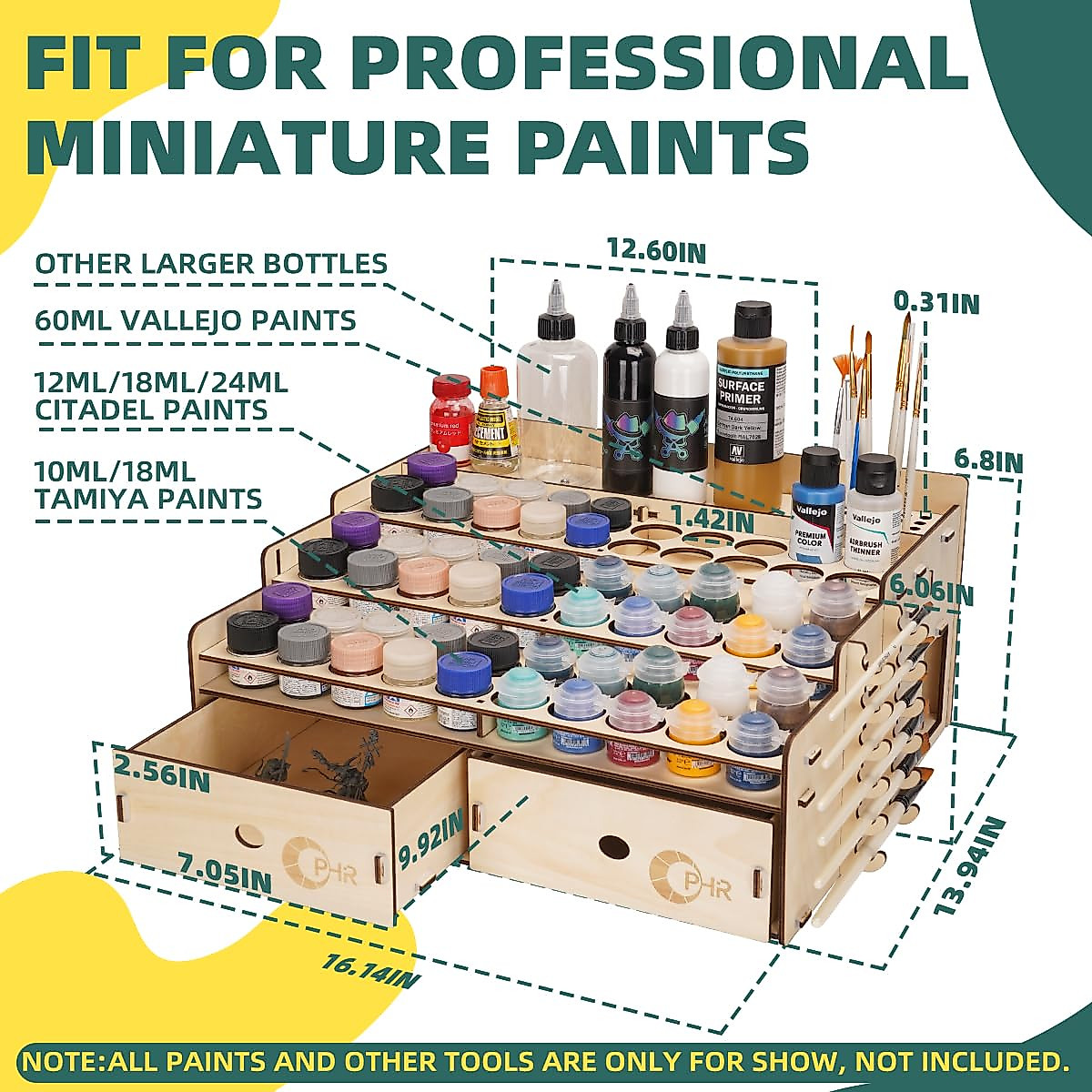 OPHIR Wooden Paint Organizer, Miniature Paint Holder Storage Rack for 60 Acrylic Model Paint Bottles with 2 Drawers, 2 Painting Handle, 25 Paint Brush Holes and 1 Brush Holder for Miniature Paint Set