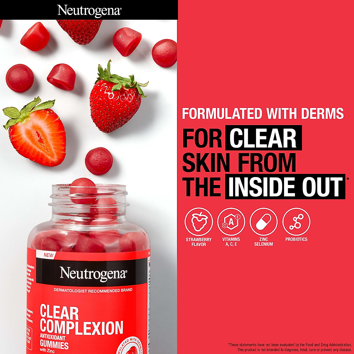 Neutrogena Clear Complexion Antioxidant Gummies with Zinc, Daily Skincare Supplement with Vitamin A, Vitamin C & Vitamin E for Clear, Healthy Skin + Probiotics, Strawberry Flavor, 60 ct
