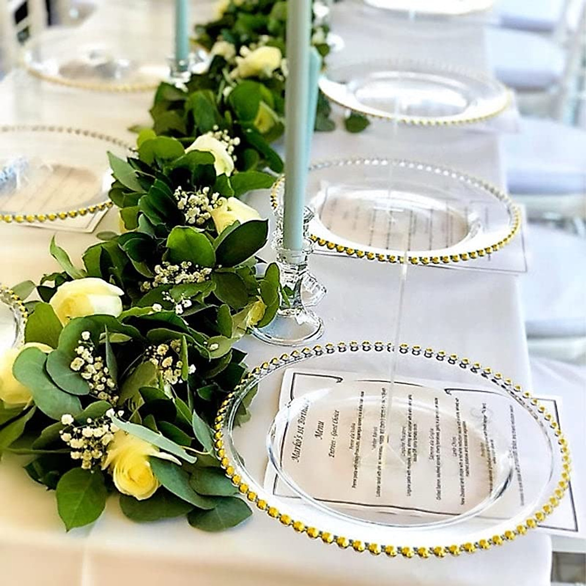 Efavormart 6 Pack 12" Gold Clear Acrylic Round Charger Plates With Beaded Rim Dinner Charger Plates