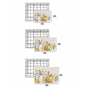 Fall Thanksgiving Outdoor Rug for Patio/Deck/Porch, Non-Slip Area Rug 6x9 Ft, Grey Orange Pumpkin Sunflower Botanical Rustic Indoor Outdoor Rugs Washable Area Rugs, Reversible Camping Rug Carpet