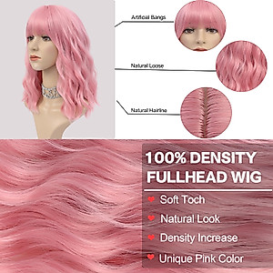 Ariqutba 14 Inch Pink Wigs for Women Pastel Synthetic Wavy Wig with Bangs Glueless Loose Curly Wig Shoulder Length Cosplay Bob Wig for Girls Daily Party Use Colorful Wigs
