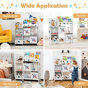 Costzon Toy and Book Organizer for Kids, Wooden Storage Display Cabinet Bookshelf w/5 Open Shelves, 2 Storage Boxes and 3 Slots, Kids Storage Unit for Playroom, Classroom, Living Room (Rocket)