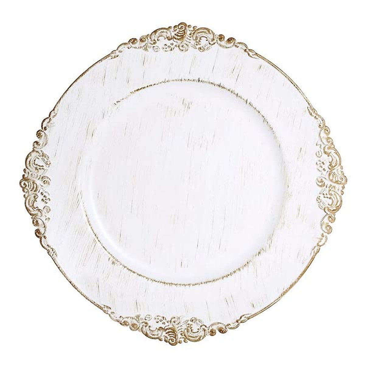 Tableclothsfactory 6 Pack White 13" Round Baroque Charger Plates Leaf Embossed Antique Gold Rim for Tabletop Decor Catering Event
