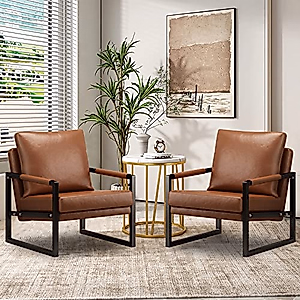 Modern Faux Leather Accent Chair Armchair with Extra-Thick Padded Backrest and Metal Frame for Living Room and Bedroom Furniture - Comfortable and Elegant（Brown）