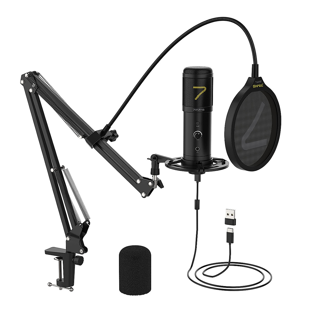 7RYMS SR-AU01-K1 Podcast Microphone Kit with Arm Stand, USB Condenser Microphone for Computer PC Smartphone, Suitable for Gaming Singing Podcasting Recording Live-Streaming