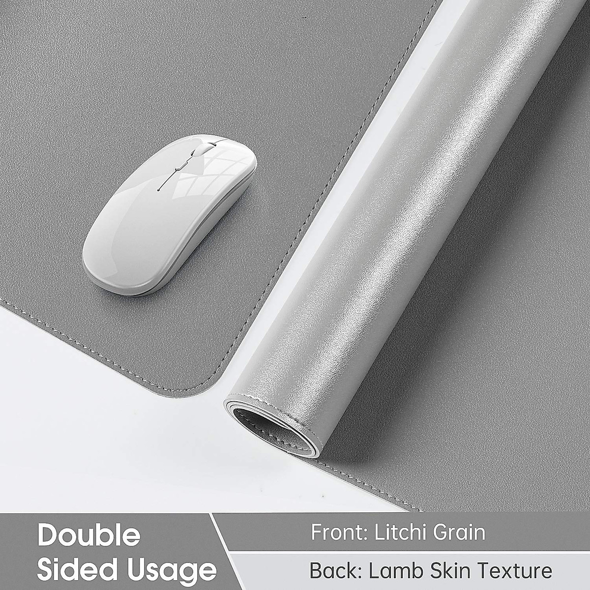 EMINTA Dual Sided Office Desk Pad, New Upgrade Sewing Waterproof PU Leather Large Mouse Mat Desk Blotter Protector, Ultra Thin Desk Writing Mat for Office/Home (Gray/Silver, 31.5" x 15.7")