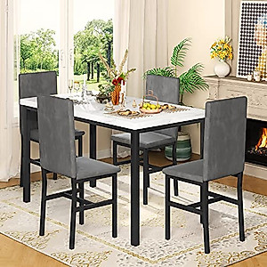 tantohom Dining Table Set for 4, Modern Kitchen Table and Chairs for 4, Home Furniture Dining Room Table Set with Faux Marble Countertop and PU Leather Chairs for Small Space, Apartment, Dinette, Gray