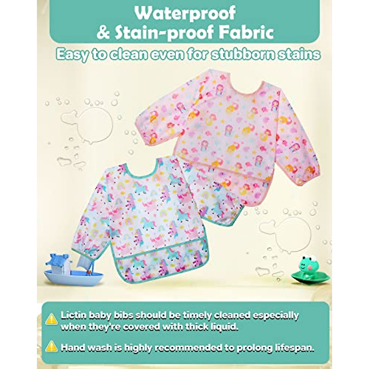 Lictin 3 Pack Baby Bibs for Boy or Girl, Cute Long Sleeve Bib, Waterproof Bibs for Toddlers,Adjustable Closure Baby Smock, Mess Proof Baby Bib, 6-24 Months Reusable Infant Baby Bibs