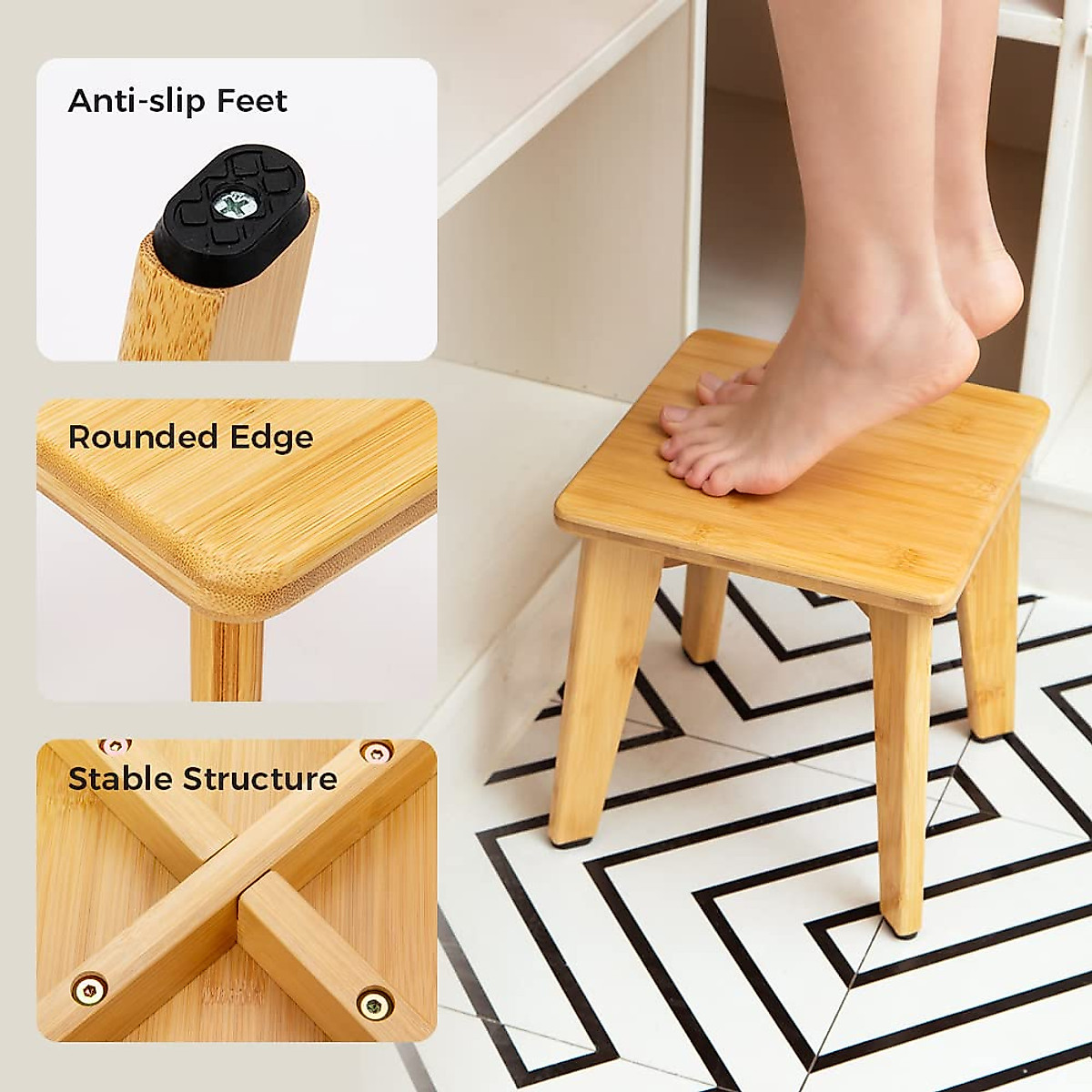 StrongTek Bamboo Step Stool for Kids and Adults, Eco-Friendly, Sturdy and Versatile Short Foot Stool for Bathroom, Kitchen, Bedroom, Compact 10-inch Small Wood Stool, Plant Stand (Natural)