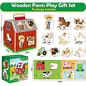 Wooden Farm Animals Toys for 1 2 3 Year Old Girl Boy, Take-Along Sorting Barn Toy with Baby Chunky Puzzles, Montessori Learning Toys for Fine Motor Games, Christmas Birthday Gifts for Toddlers 1-3