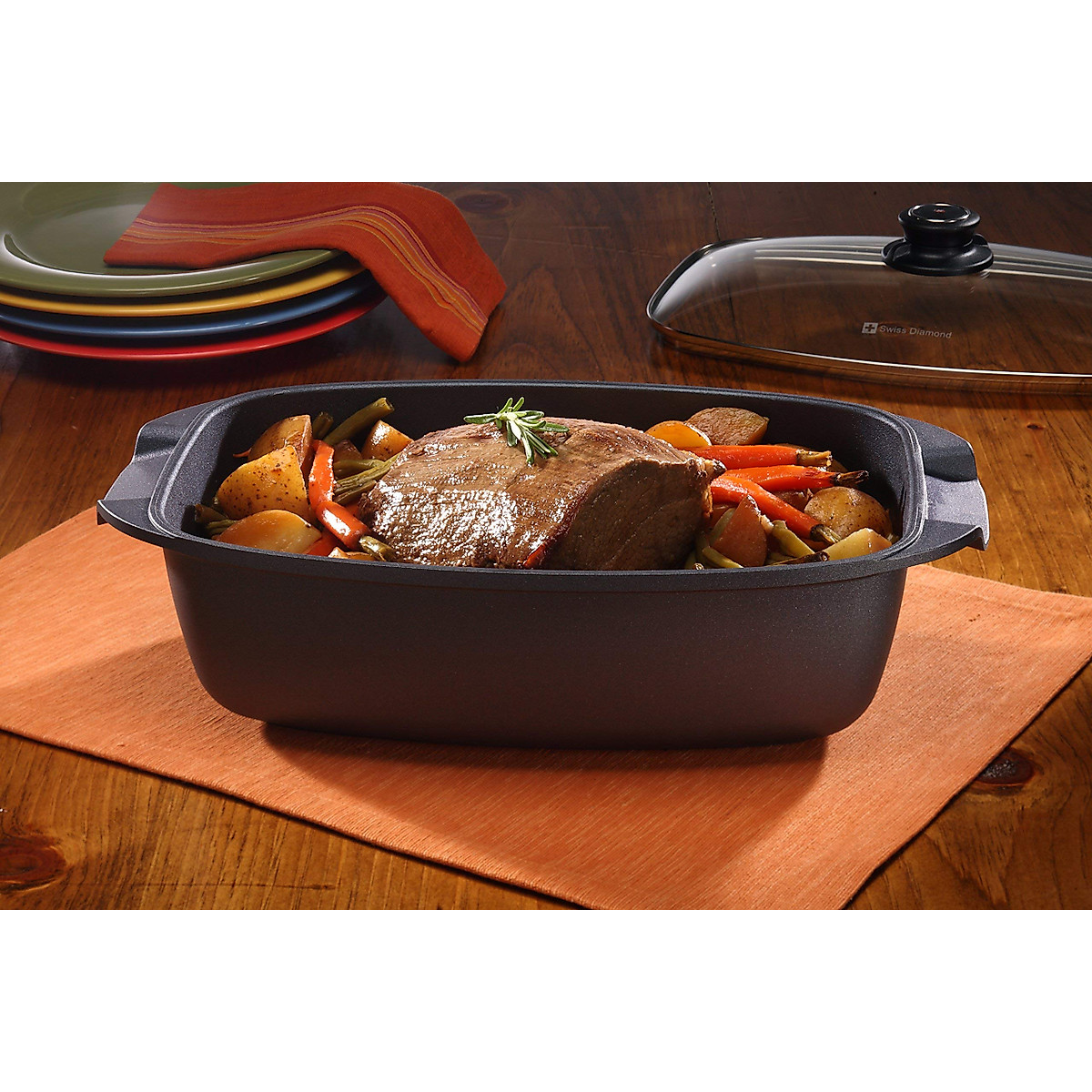 Swiss Diamond Roasting Pan with Lid - HD Nonstick Diamond Coated Aluminum Roaster Includes Lid Dishwasher & Oven Safe Roaster - Large Turkey, Ham, Chicken Roaster Pan - 8.3"x13" (5.3 Qt)- Grey