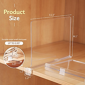 Sclvdi Acrylic Shelf Dividers,8 Pcs Closets Shelf Organizer for Clothing Handbags Books in Pantry, Bedroom and Kitchen, Adjustable Clear Closet Separator Wood Shelves Organize(11.1x 8.1)