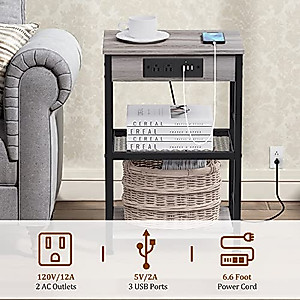 NORCEESAN Nightstand with Charging Station End Table with USB Ports and Power Outlets Side Tables Bedroom with Storage Shelves Industrial End Table 3 Tier (Grey)