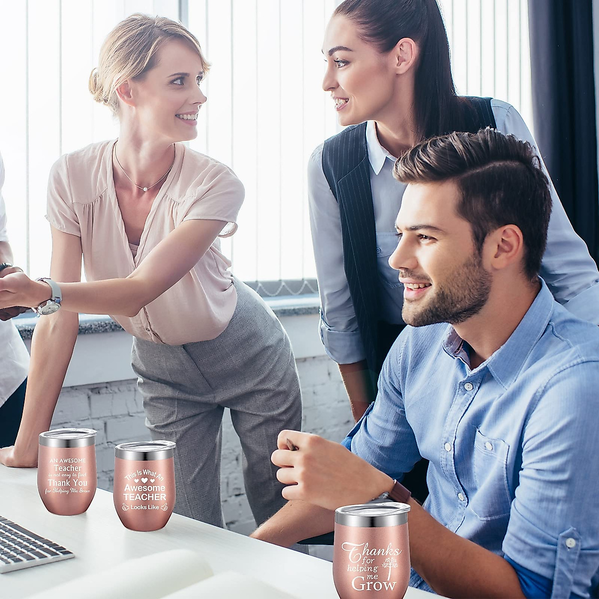 Geiserailie 10 Pcs Teacher Appreciation Gift Teacher Wine Tumbler in Bulk for Women Thank You Wine Cup with Straws Lids and Brushes Valentines Day Gift for Teacher Thank You Gift (Rose Gold, 12oz)