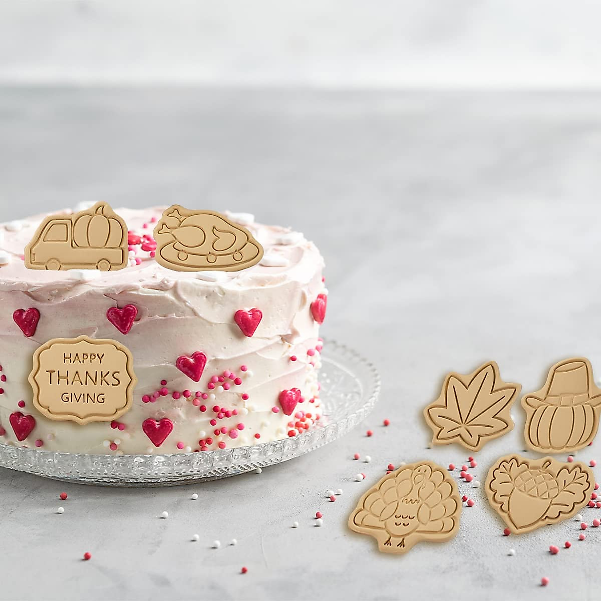 Pink PP Material Thanksgiving Day Cookie Cutters, 8 Pcs Theme Set Embossing Dies and Plunger Dies for Fondant Cookies Pastry Cheese Baking(Grateful)