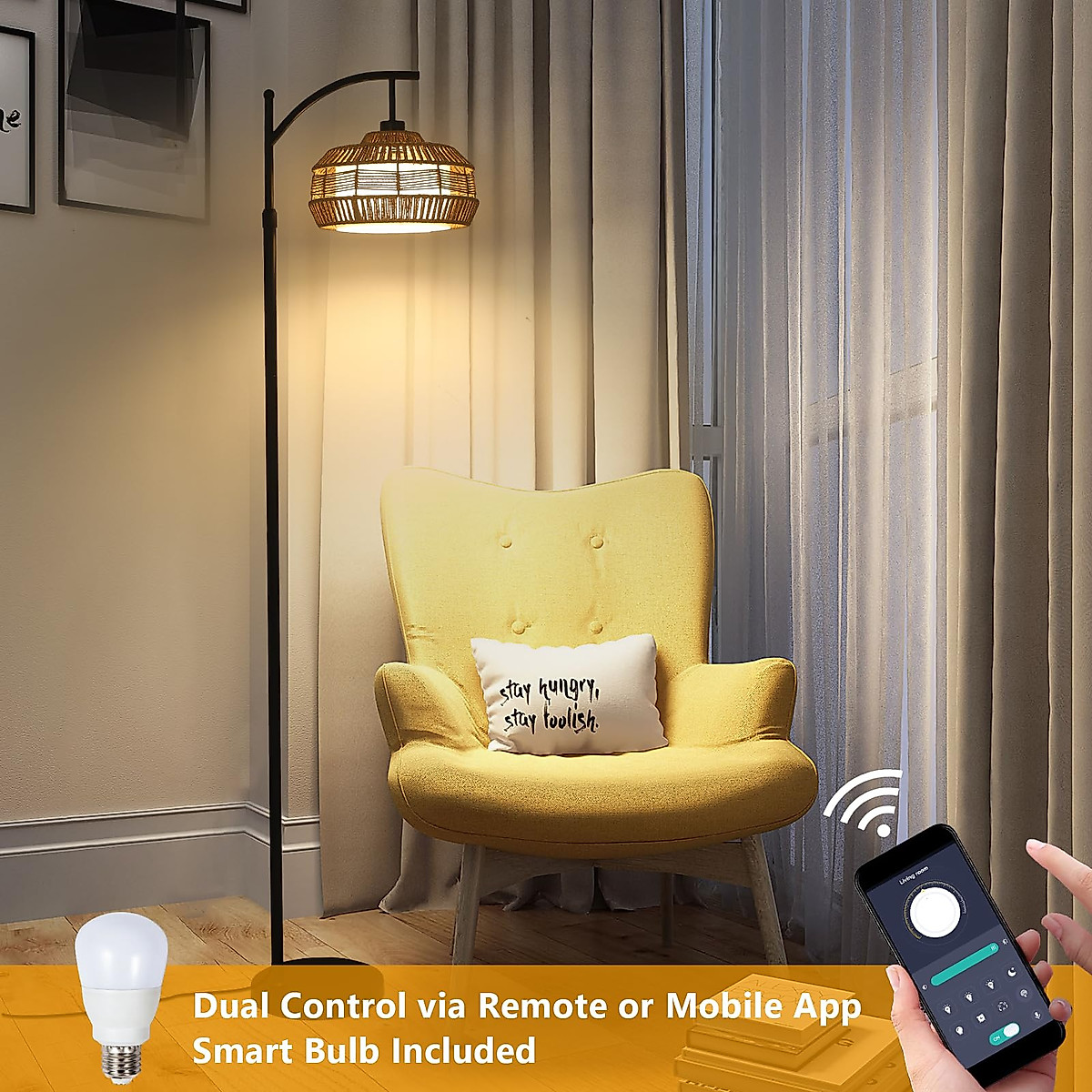 LAMSU Arc Floor Lamp with Remote Control, Boho Rattan Floor Lamps, Dimmable Farmhouse Standing Lamp with Bulb, Rattan Fabric Double Shades, Rustic Adjustable Tall Lamps for Living Room Bedroom Office