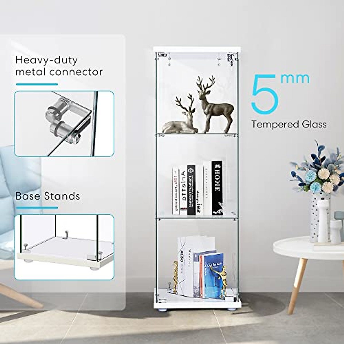 VIVOHOME 3 Layers 15.7''W x 15.7''D x 47.2''H Glass Display Cabinet Countertop Showcase with Lock, 5mm Tempered Glass 25mm MDF Base