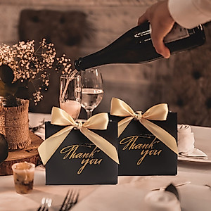 DECHISY 24Pack Small Thank You Gift Bag Party Favor Bags Treat Boxes with Gold Bow Ribbon, Black Paper Gift Bags Bulk for Wedding Baby Shower Business Party Supplies