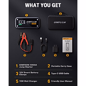 GIMFOOM Jump Starter, 4000A Car Battery Jump Starter with Wall Charger (10L Gas & 10L Diesel Engines), 12V Jump Starter Battery Pack with 3.4 Inch Smart Display, Jump Box with 400 Lumens LED Light
