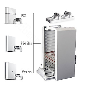 ElecGear Games Disk Tower, Vertical Stand, Dual Charger White Blu-ray DVD Disc Storage Organizer Holder, PS4 Controller Twin Charging Station for Playstation PS4, Pro, Slim