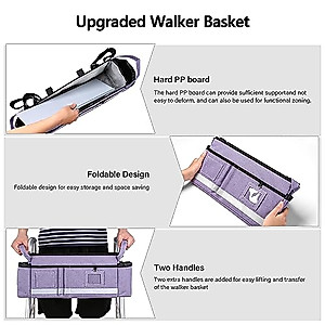 Walker Basket Walker Bag with Cup Holder,Baskets Bag for Walkers for Seniors with Pockets,Walker Pouch Walker Accessories for Folding Walker,Rollator Walkers (Purple)
